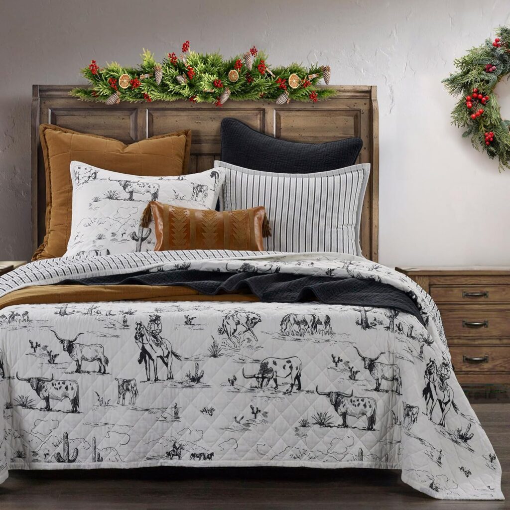 Ranch Life 3 Piece Quilt Set with Pillow Shams, White and Black Cowboy ...