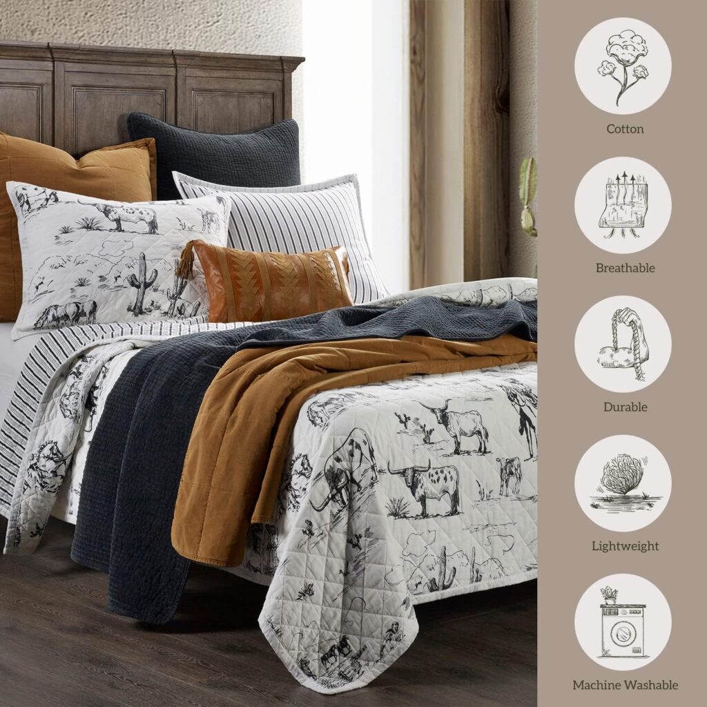 Ranch Life 3 Piece Quilt Set with Pillow Shams, White and Black Cowboy ...